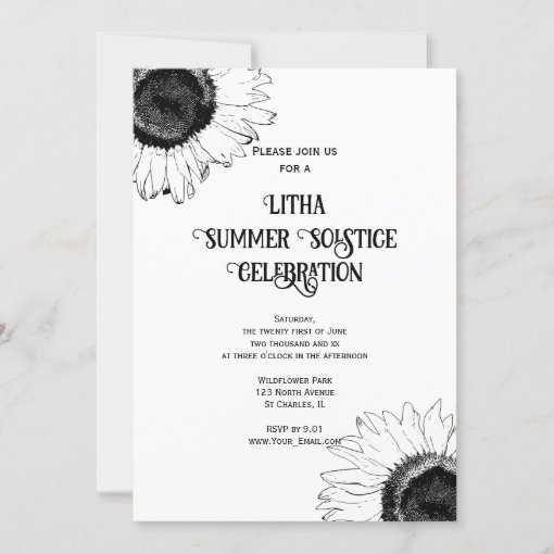 Black White Sunflowers Litha Summer Solstice Party Invitation | Zazzle