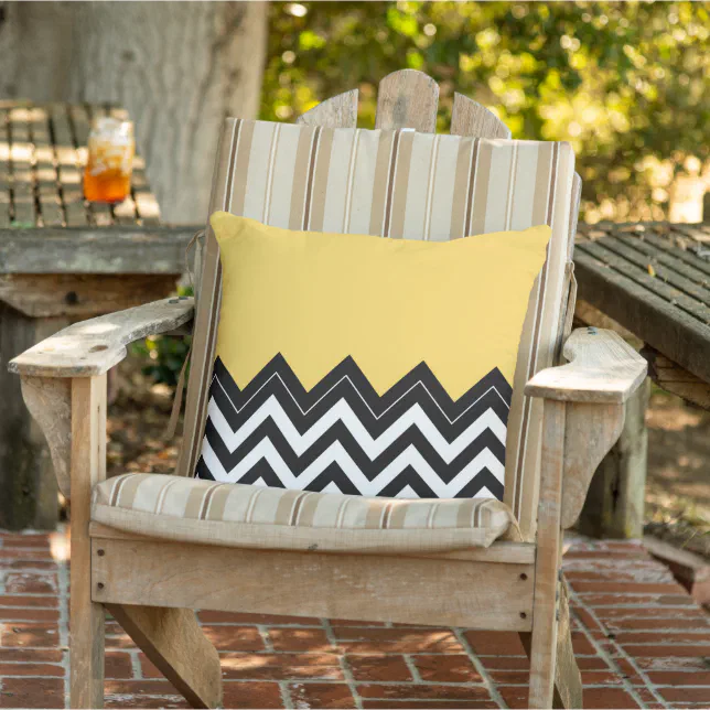 Black White Sunny Yellow Zigzag Chevron Pattern Outdoor Pillow | Zazzle