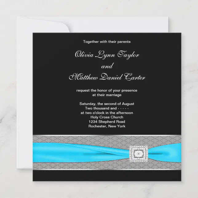 Black White Teal Blue Teal Black Wedding Invitation | Zazzle