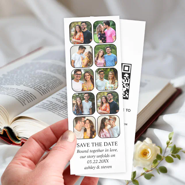 Black, white ten photos and QR code Save the Date Bookmarks | Zazzle