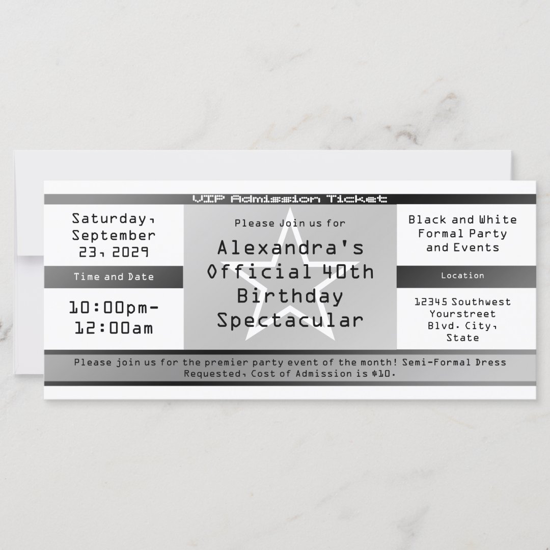 Black/White Ticket Style Invitation or Ticket | Zazzle