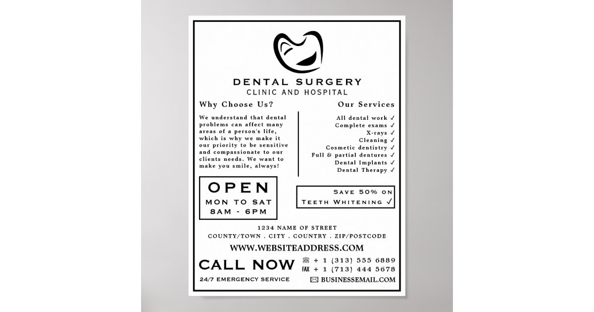 Black & White Tooth Logo Dentistry, Dentist Advert Poster | Zazzle