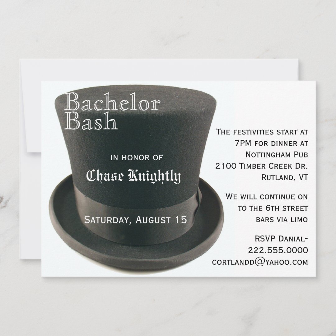 Black & White Top Hat Bachelor Party Invitation | Zazzle