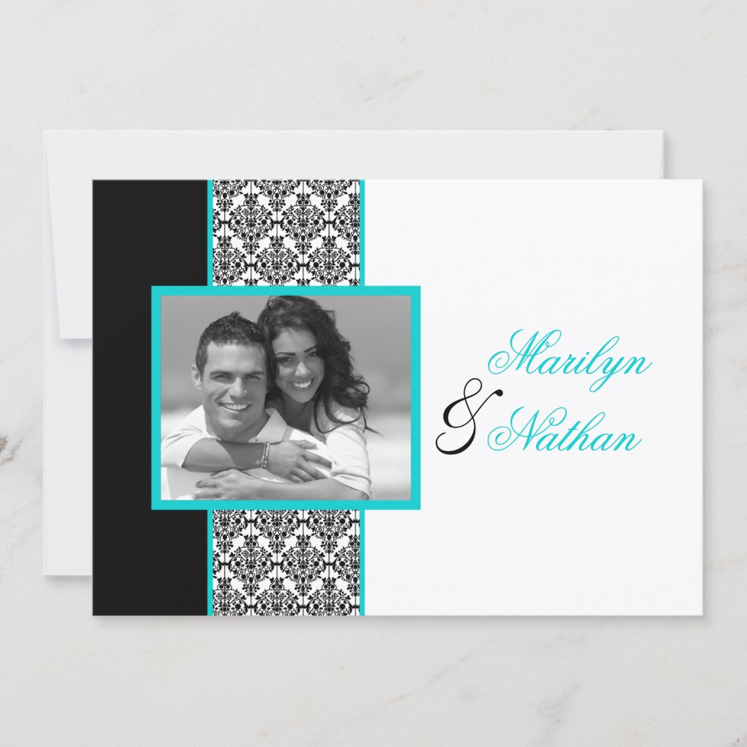 Black White Turquoise Damask Photo Wedding Invite | Zazzle