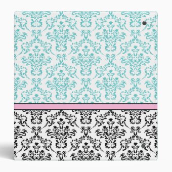 Black white, turquoise, pink damask wedding binder | Zazzle