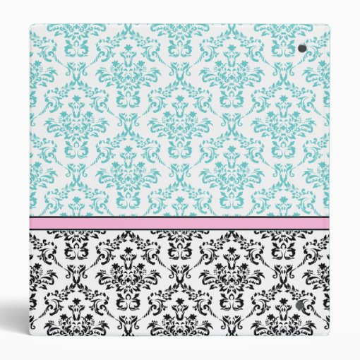 Black white, turquoise, pink damask wedding binder | Zazzle