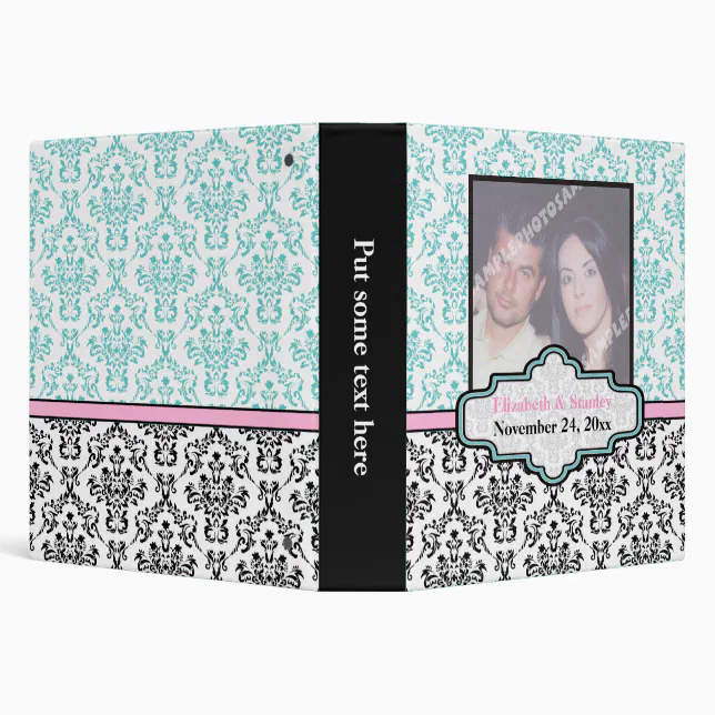 Black white, turquoise, pink damask wedding binder | Zazzle
