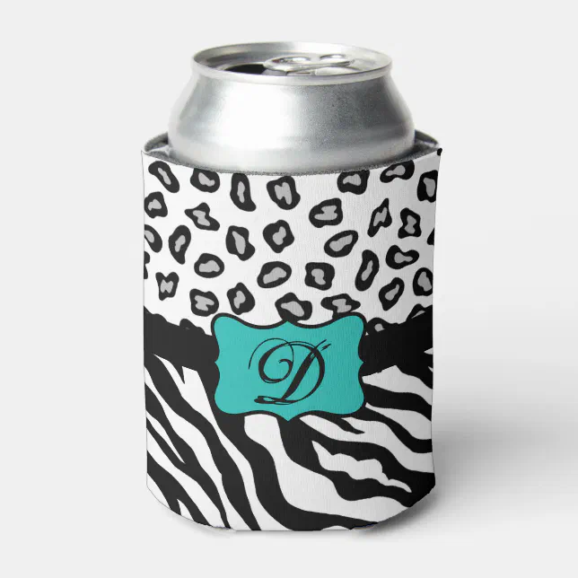 Black White Turquoise Zebra Leopard Skin Monogram Can Cooler | Zazzle