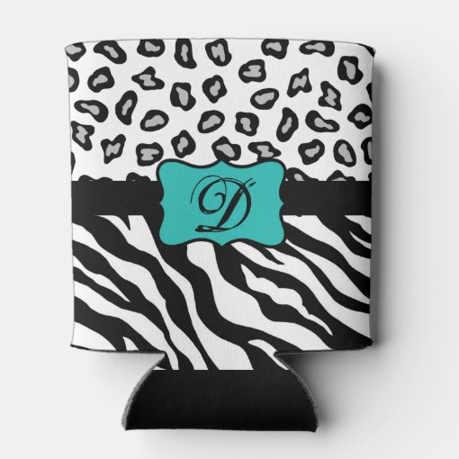 Black White Turquoise Zebra Leopard Skin Monogram Can Cooler | Zazzle