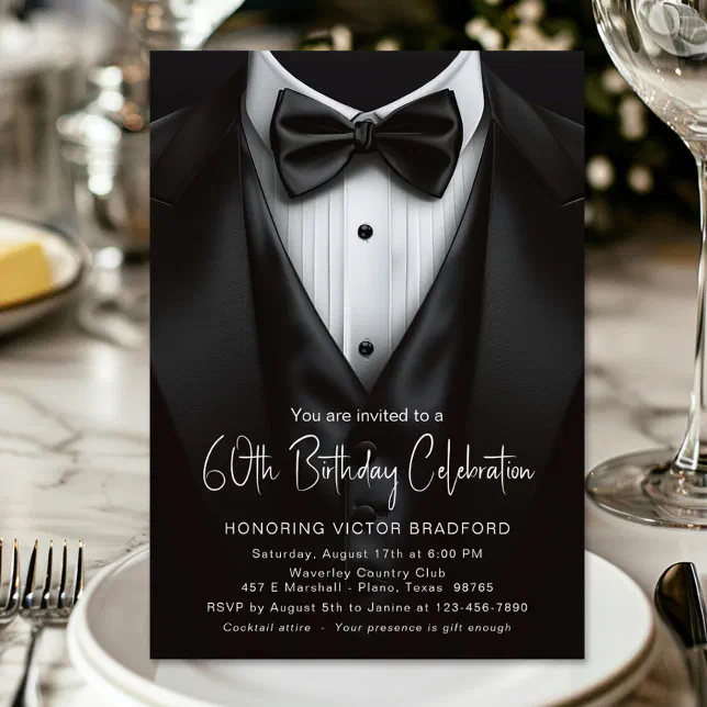 Black White Tuxedo Mens Any Number Birthday Invitation | Zazzle