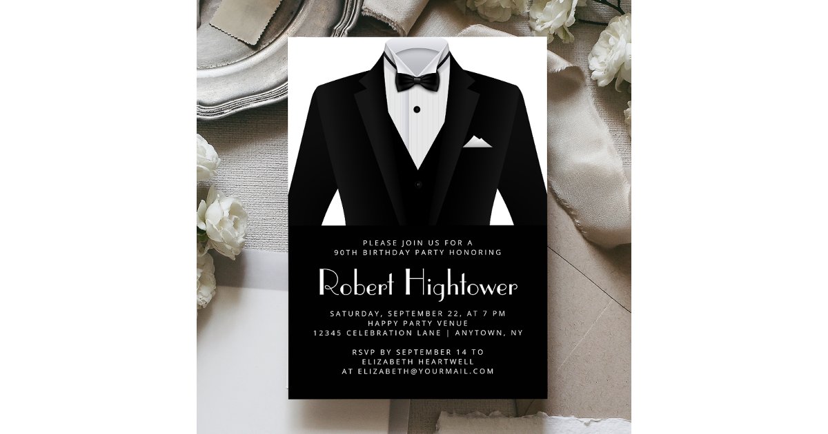 Black White Tuxedo Mens Birthday Party Invitation | Zazzle