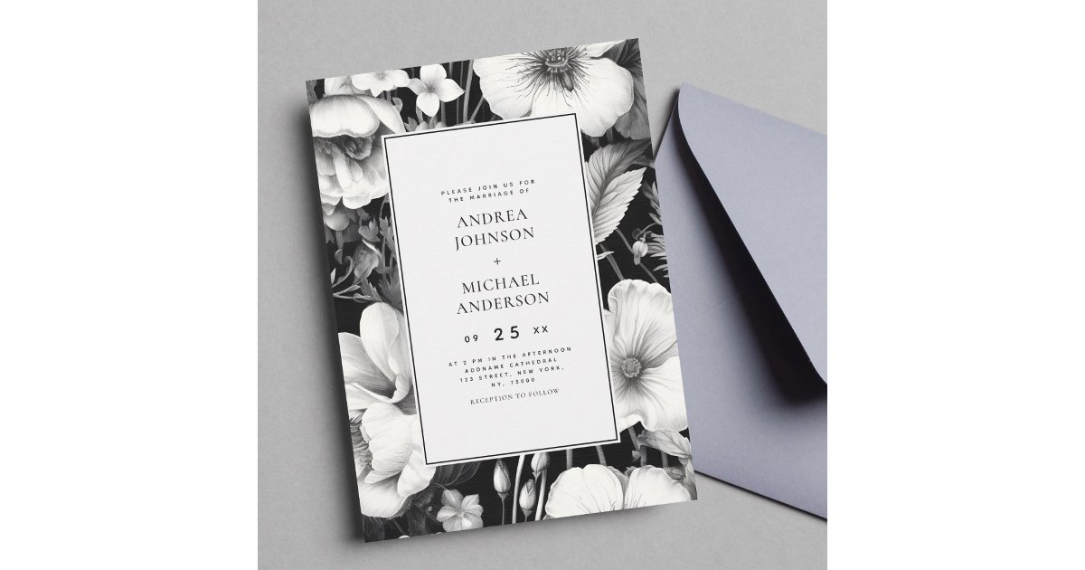 Black White Vintage Botanical Dark Floral Wedding Invitation | Zazzle