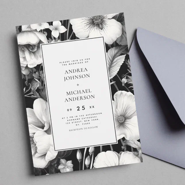 Black White Vintage Botanical Dark Floral Wedding Invitation | Zazzle