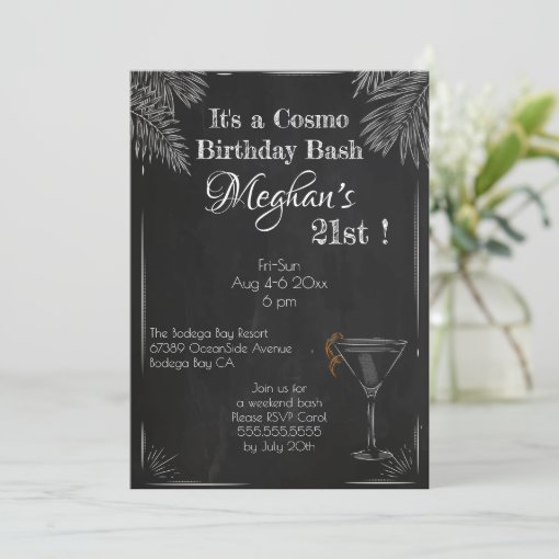 Black White Vintage Chalk 21st Cosmo Birthday Bash Invitation | Zazzle