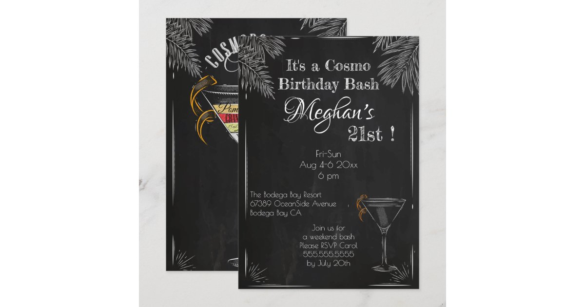 Black White Vintage Chalk 21st Cosmo Birthday Bash Invitation | Zazzle