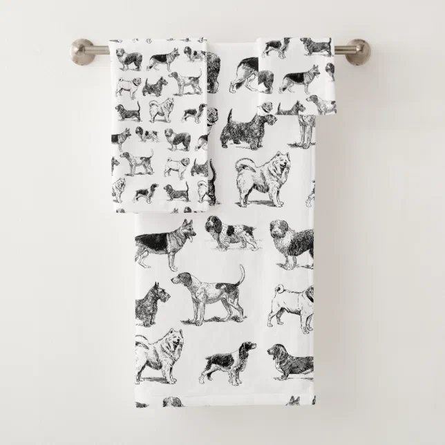 Black & White Vintage Dogs Pattern Bath Towel Set | Zazzle