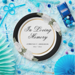 Black White Watercolor Floral Memorial Funeral Paper Plates | Zazzle