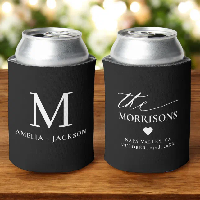 Black White Wedding Favor Monogram Name Heart Can Cooler | Zazzle
