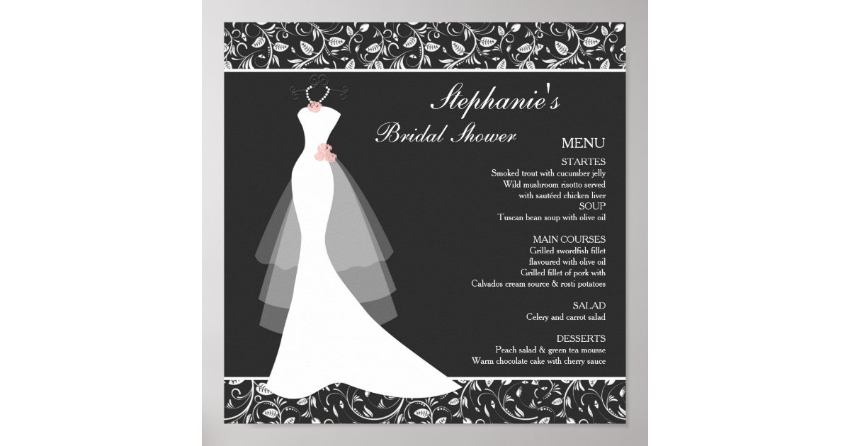 Black white wedding gown, damask Menu Poster | Zazzle