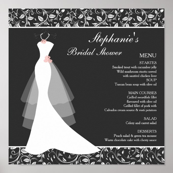 Black white wedding gown, damask Menu Poster | Zazzle
