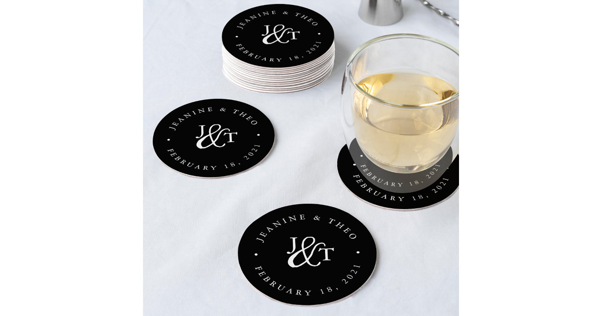 Black & White Wedding Monogram Round Paper Coaster | Zazzle