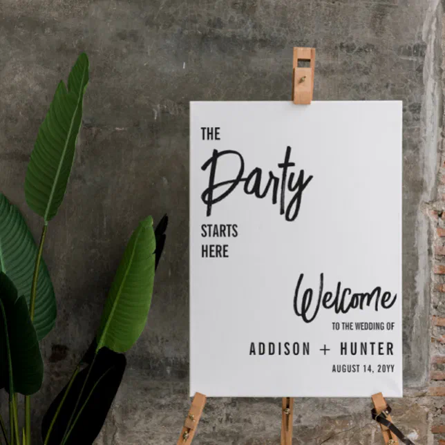 Black White Wedding Party Starts Here Welcome Foam Board | Zazzle