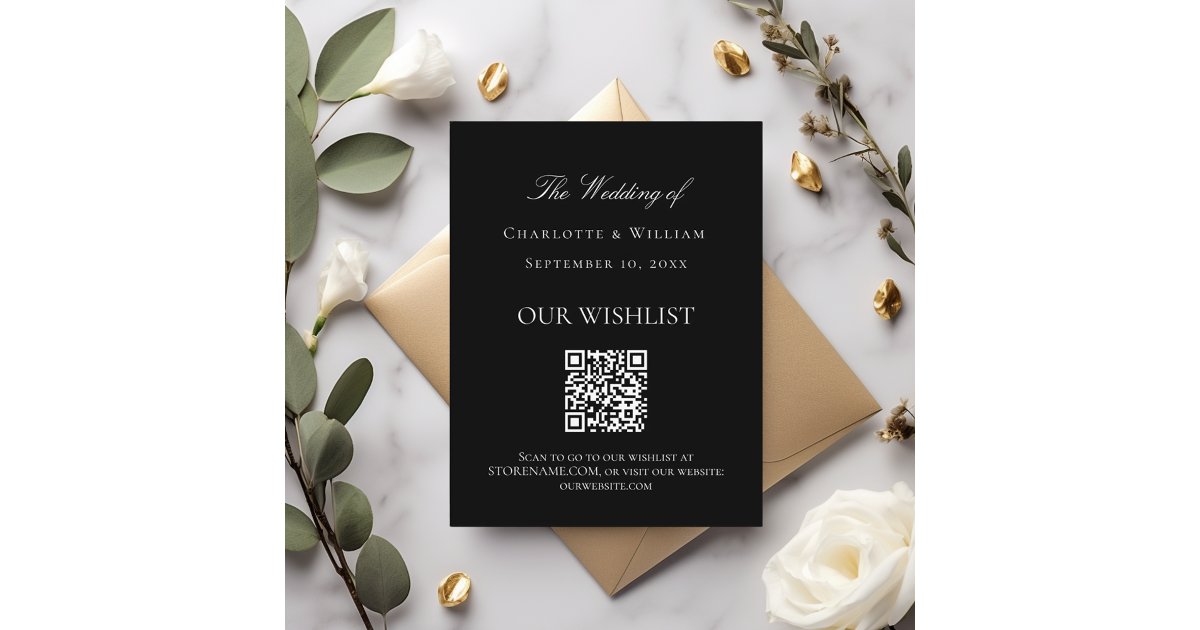 Black white wedding wishlist QR code Enclosure Card | Zazzle