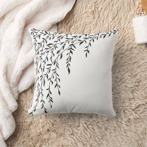 Black & White Weeping Willow Tree Branches Leaves Throw Pillow | Zazzle