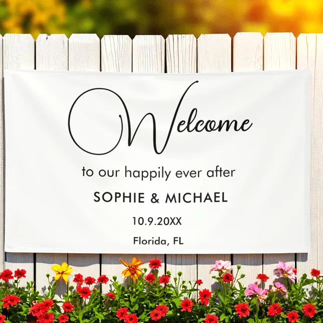 Black White Welcome Wedding Backdrop Banner | Zazzle