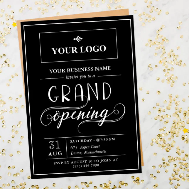 Black & White Wide Logo Grand Opening Invitation | Zazzle
