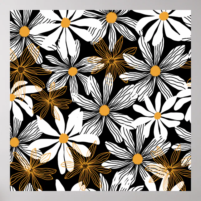 Black, White, Yellow Elegant Daisy Floral Abstract Poster | Zazzle
