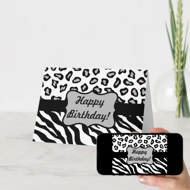 Black & White Zebra & Cheeta Skin Happy Birthday Card | Zazzle