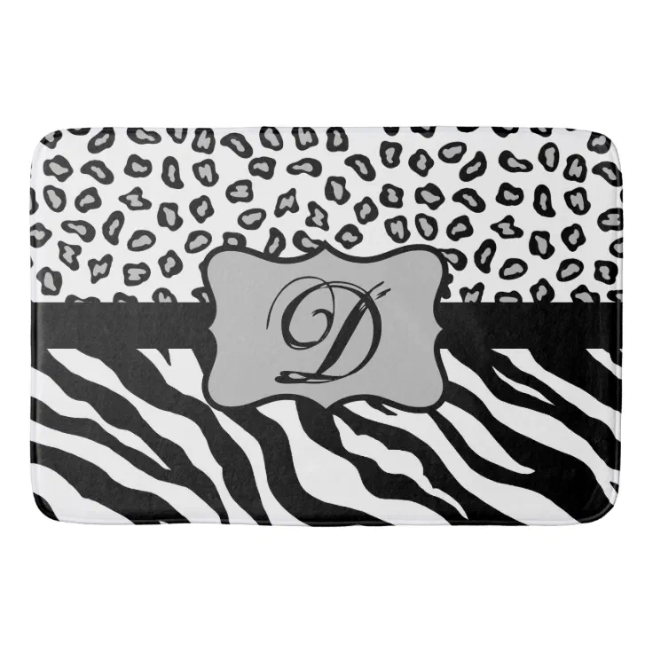 Black White Zebra Leopard Skin Monogram Bathroom Mat | Zazzle