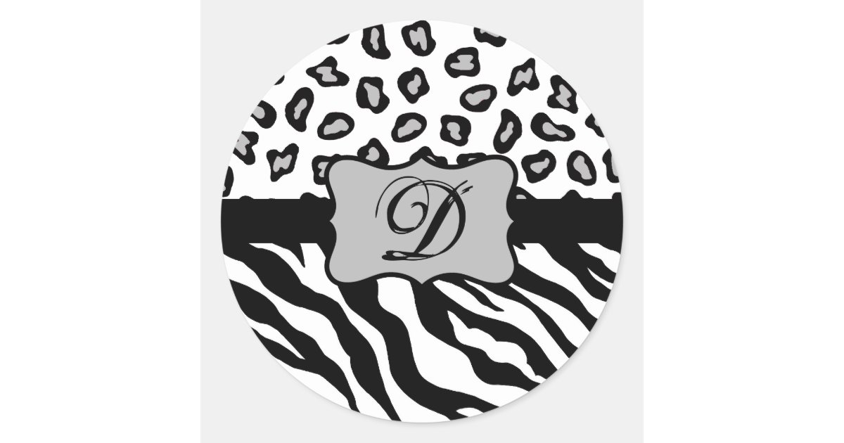 Black White Zebra Leopard Skin Monogram Classic Round Sticker | Zazzle
