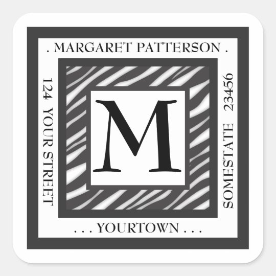 Black & White Zebra Monogram Square Address Label | Zazzle.com