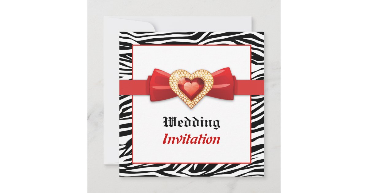 Black white zebra print with red jewel wedding invitation | Zazzle