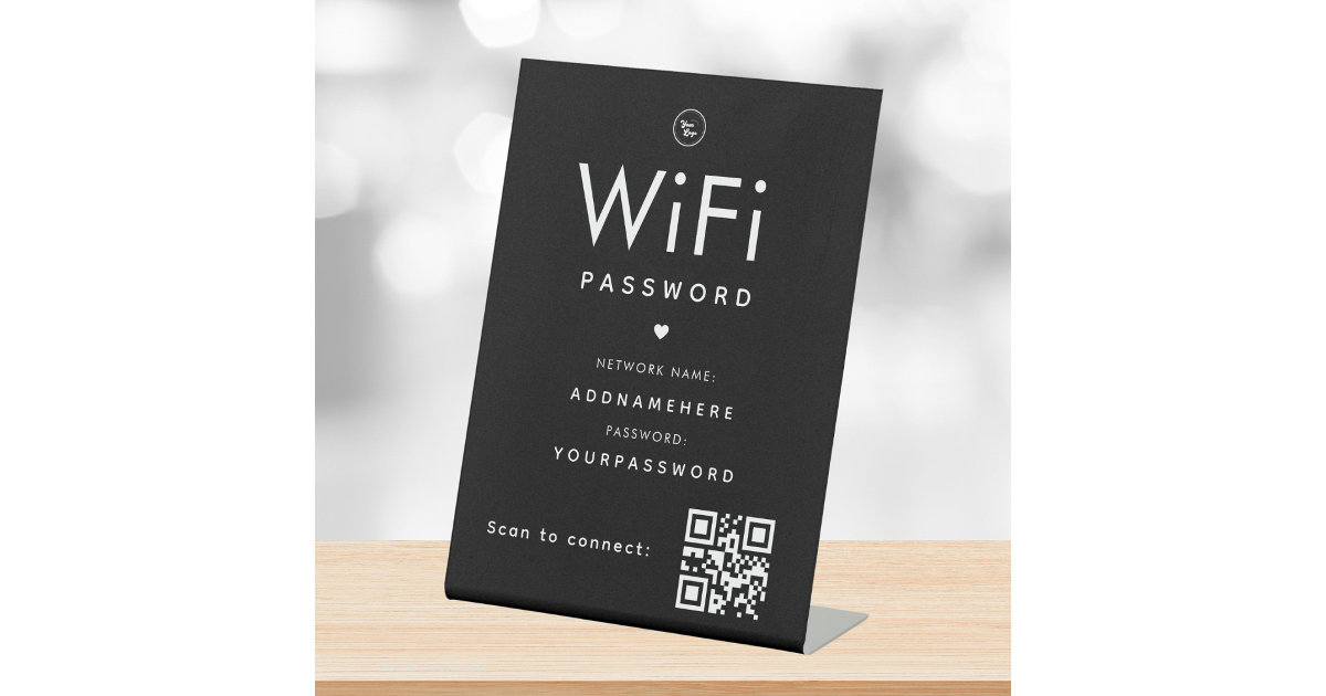 Black WiFi Password Code Business Logo QR Code Pedestal Sign | Zazzle