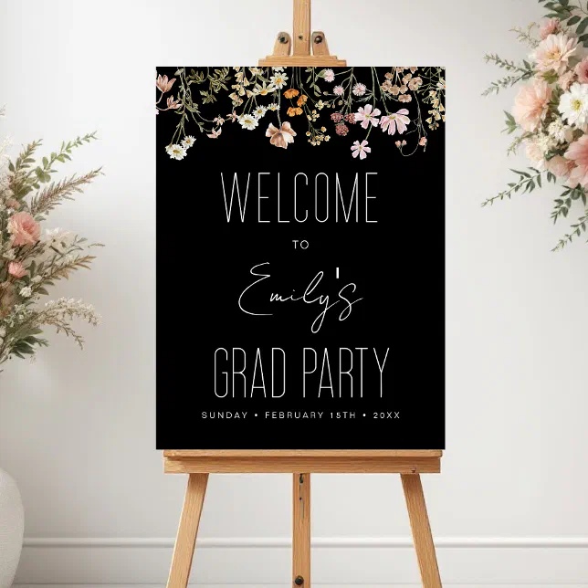 Black Wildflower Graduation Party Welcome Sign | Zazzle