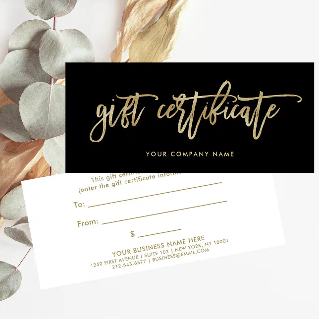 Black with Faux Gold Script | Gift Certificate | Zazzle