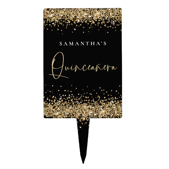Black with Gold Glitter Borders Quinceañera Party Cake Topper | Zazzle