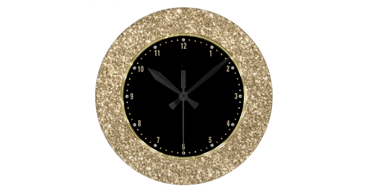 Black With Gold Glitter Texture Print Large Clock | Zazzle.com