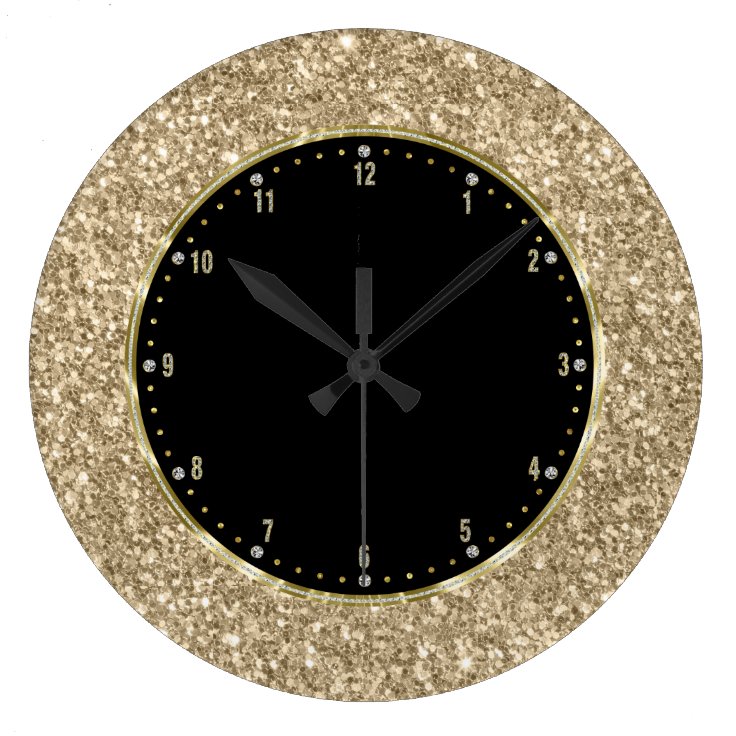 Black With Gold Glitter Texture Print Large Clock | Zazzle