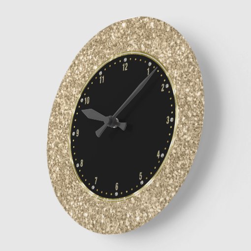 Black With Gold Glitter Texture Print Large Clock | Zazzle