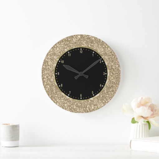 Black With Gold Glitter Texture Print Large Clock | Zazzle