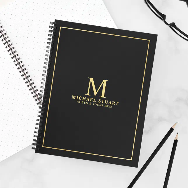 Black with Gold Personalized Monogram and Name Notebook | Zazzle