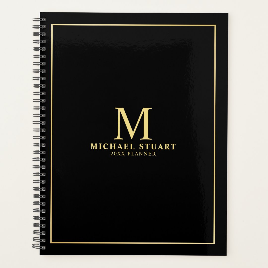Black with Gold Personalized Monogram and Name Planner | Zazzle
