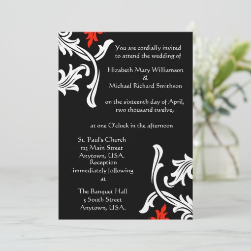 Black with White and Red Damask Wedding Invitation | Zazzle
