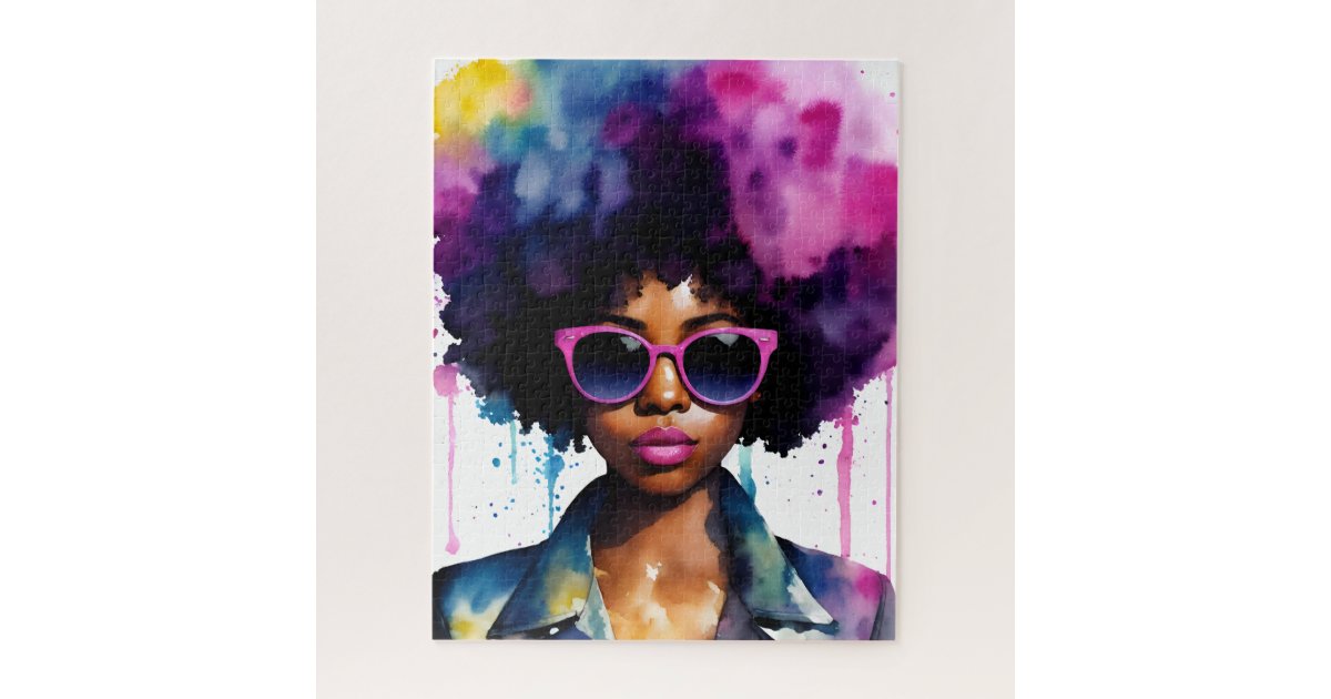 Black Woman Afro Hair and Sunglasses Rainbow Art Jigsaw Puzzle | Zazzle