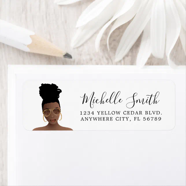 Black Woman, Top Knot & Gold Shades Label | Zazzle