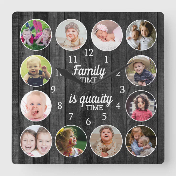 Black Wood 12 Photo Frame Family Time Quote Square Wall Clock | Zazzle
